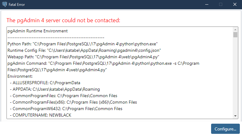 [sql]pgAdmin4接続エラー解決方法：The pgAdmin 4 server could not be contacted – 形部商事株式会社